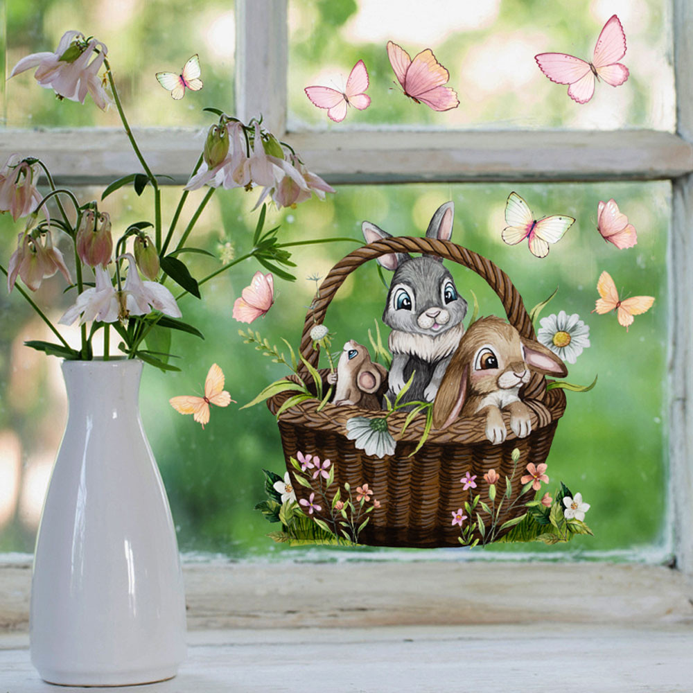 Fensterbild Hase Hasen Maus im Korb Blumenwiese Schmetterlinge ...