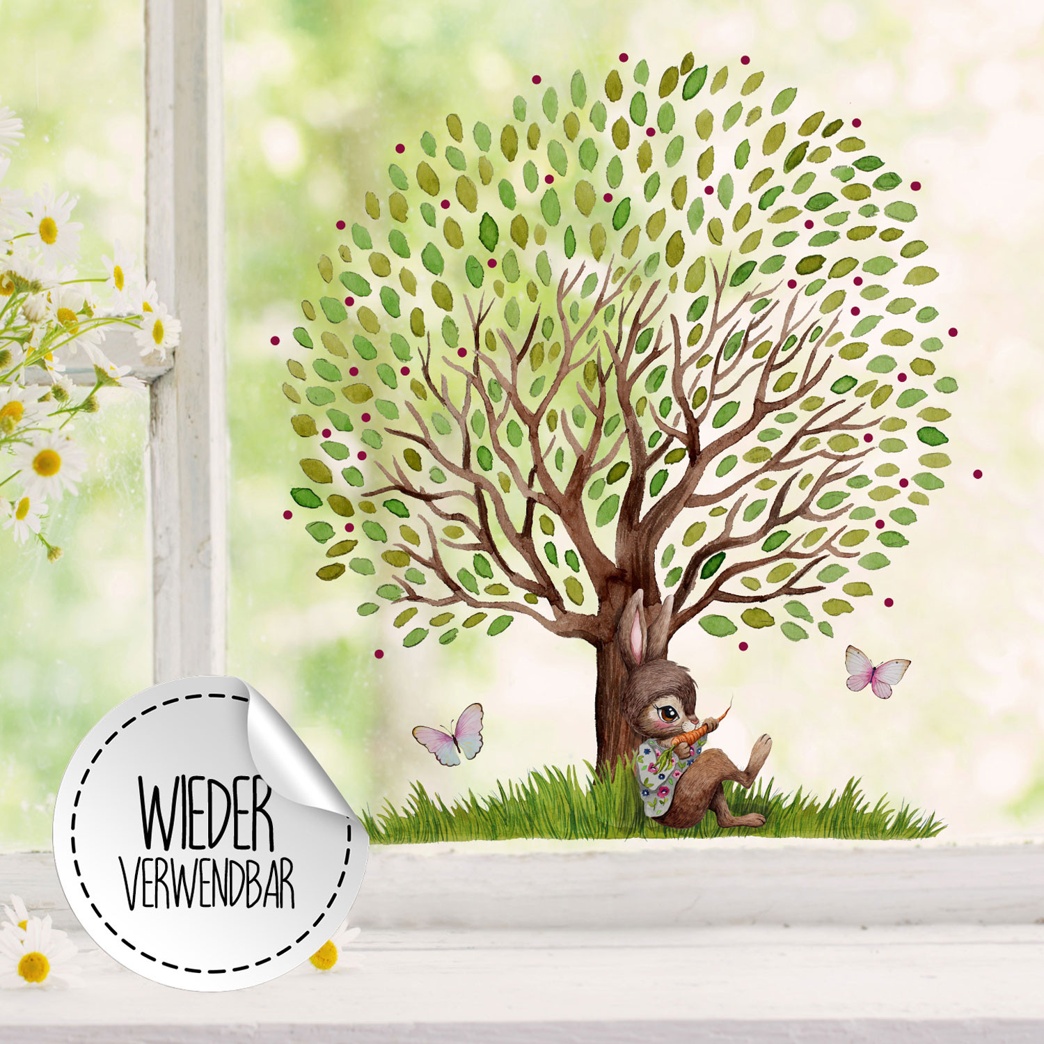 Fensterbild Hase mit großen Baum & Schmetterlinge -WIEDERVERWENDBAR ...