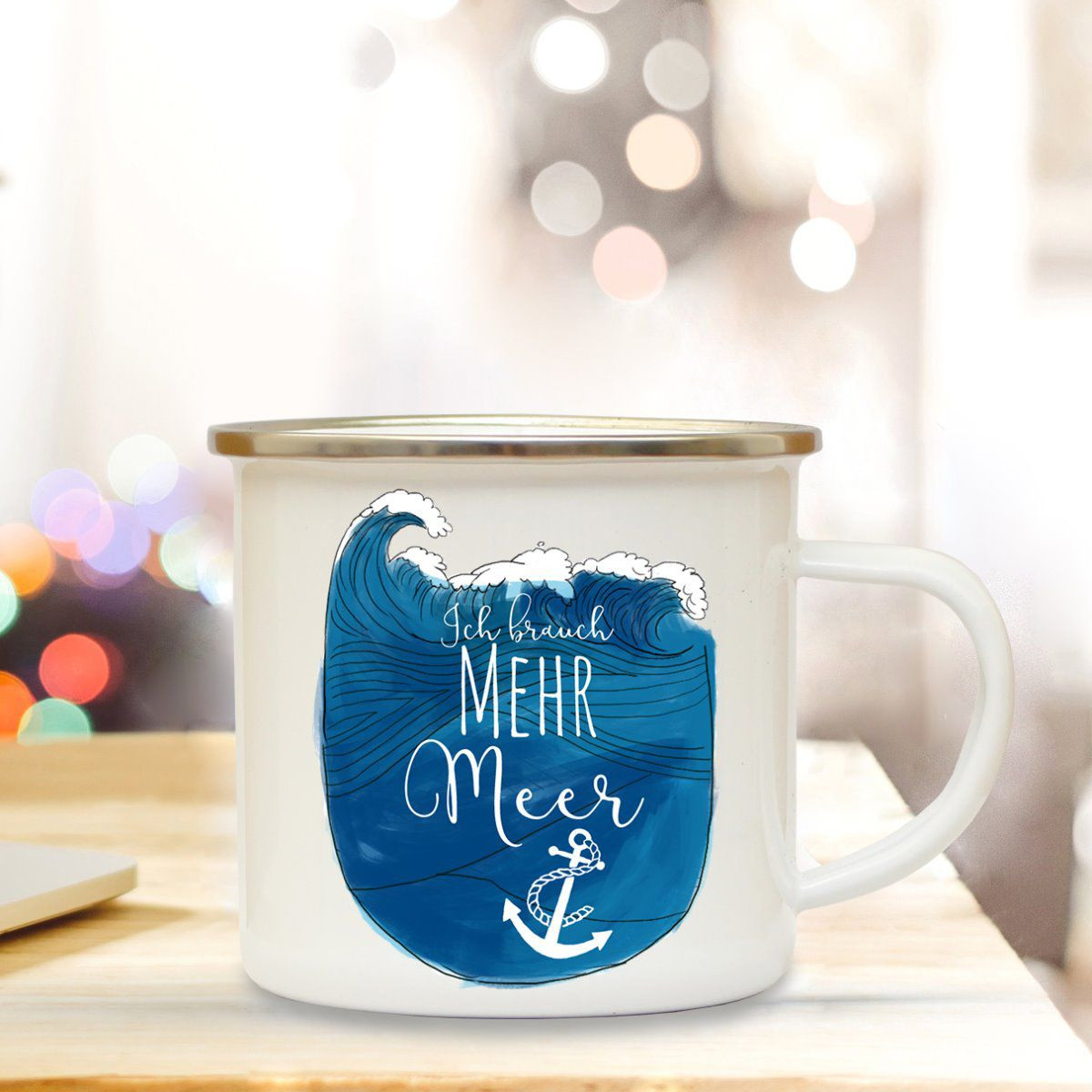 Emaillebecher Tasse maritim Campingbecher Welle mit Spruch "Ich brauch ...