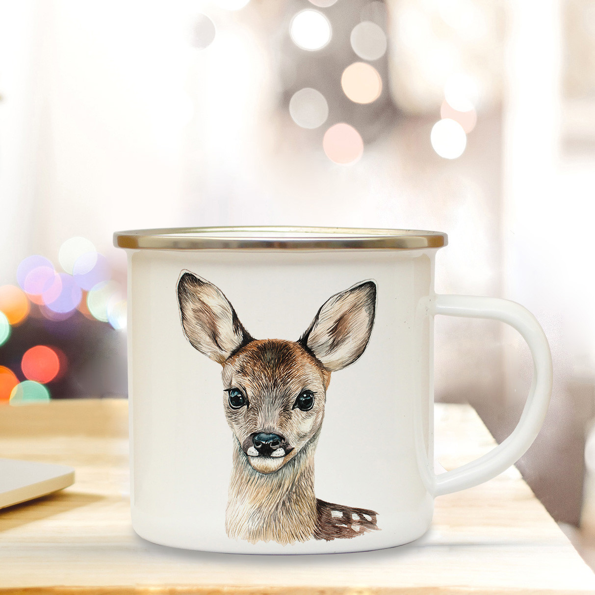 Emaillebecher mit Reh Rehkitz Motiv Campingtasse Rehkitztasse Becher Kaffeetasse Geschenk eb217 ...