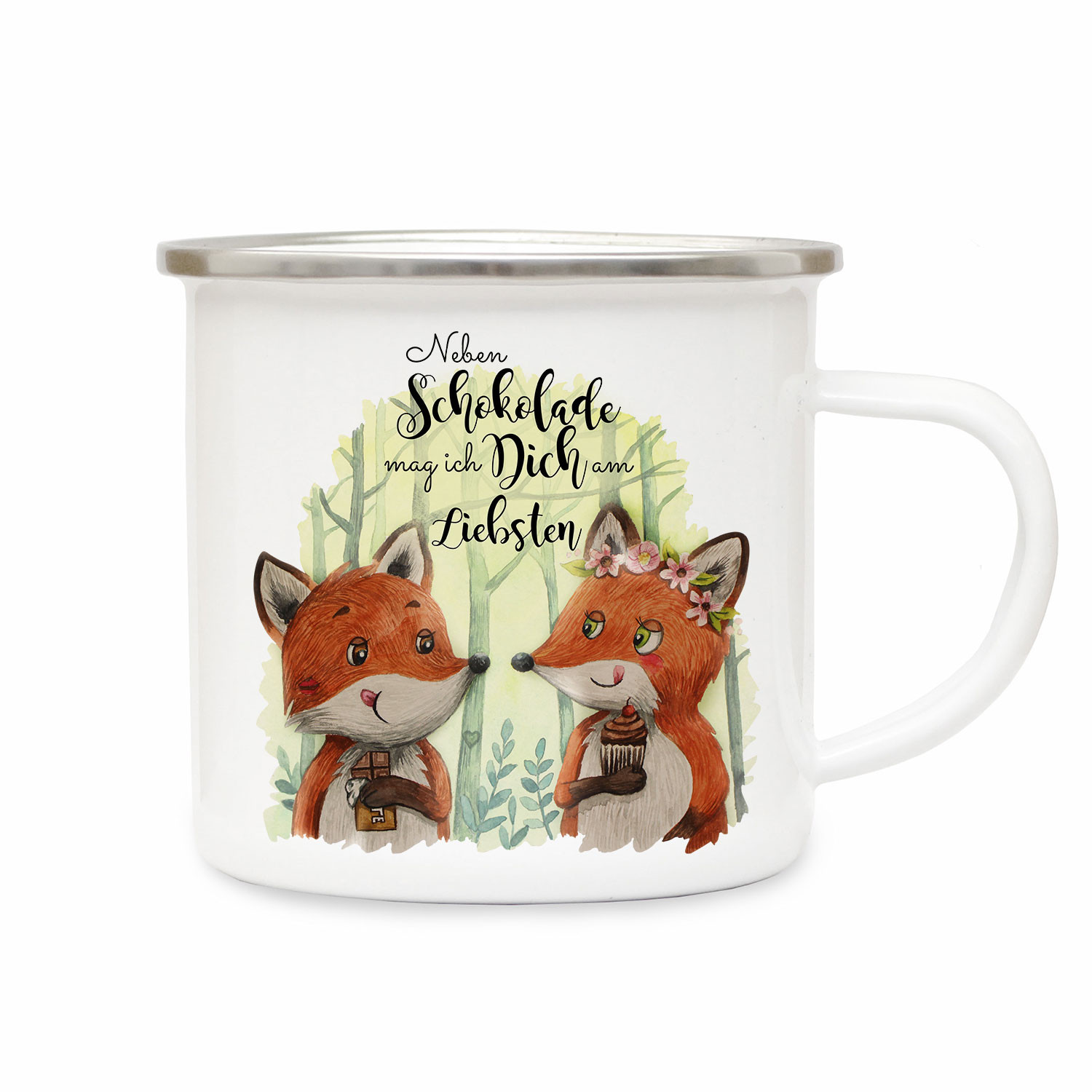 Emaille Becher Camping Tasse Fuchs Pärchen Spruch Neben Schokolade mag ich Dich... Kaffeetasse ...