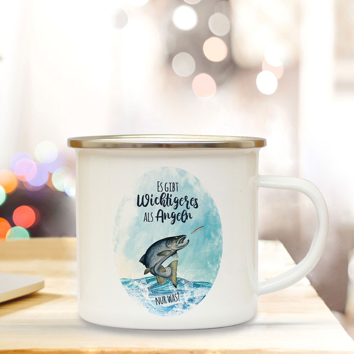 Emaille Becher Camping Tasse Meerforelle Lachsforelle Fisch Spruch Es ...