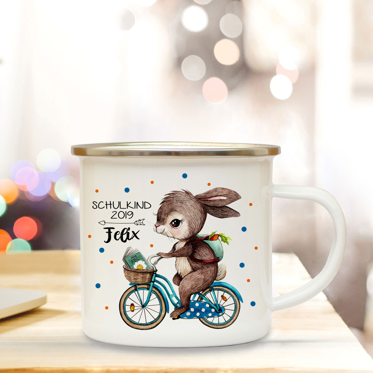 Emaille Becher Einschulung Camping Tasse Hase auf Fahrrad Spruch Schulkind 2019 & Name ...