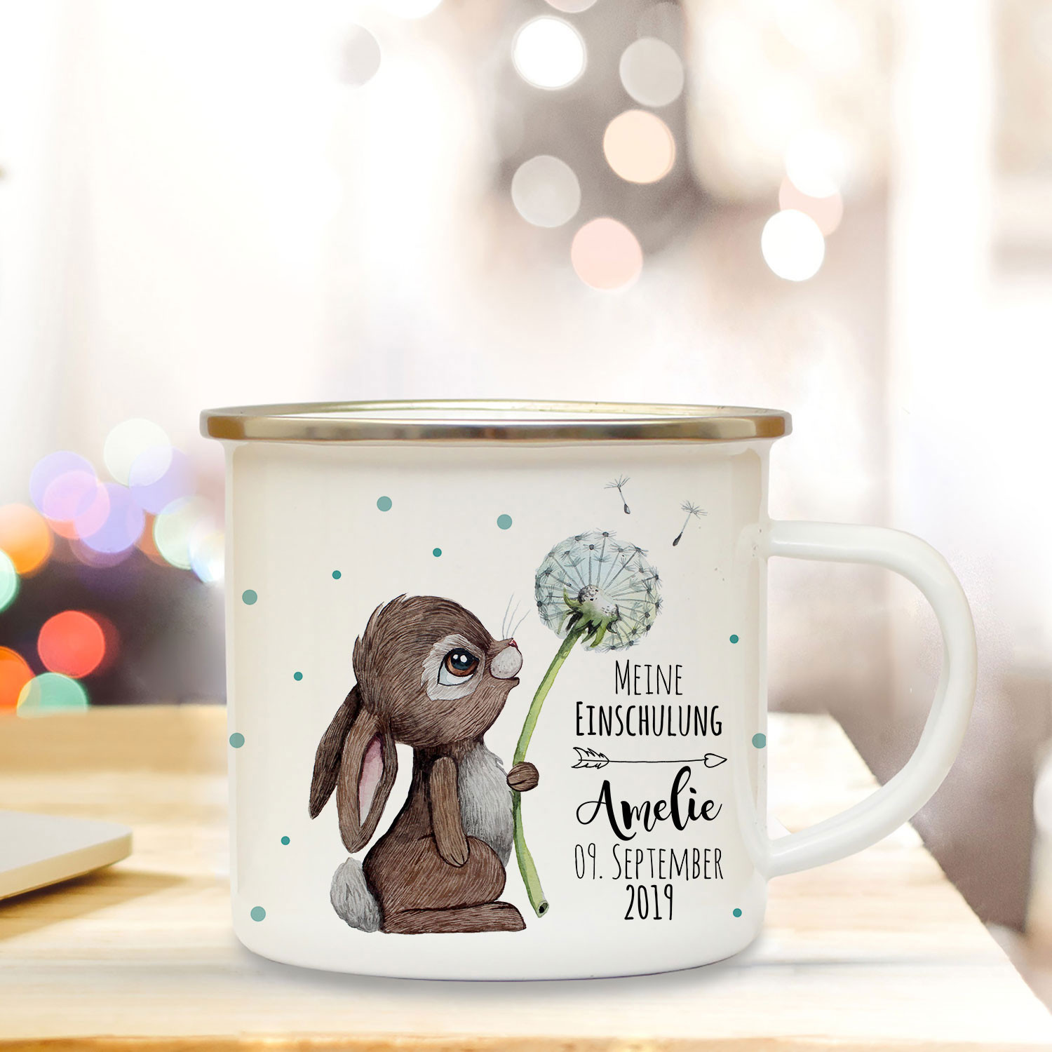 Emaille Becher Einschulung Camping Tasse Hase mit Pusteblume Spruch Schulkind 2019 & Name ...