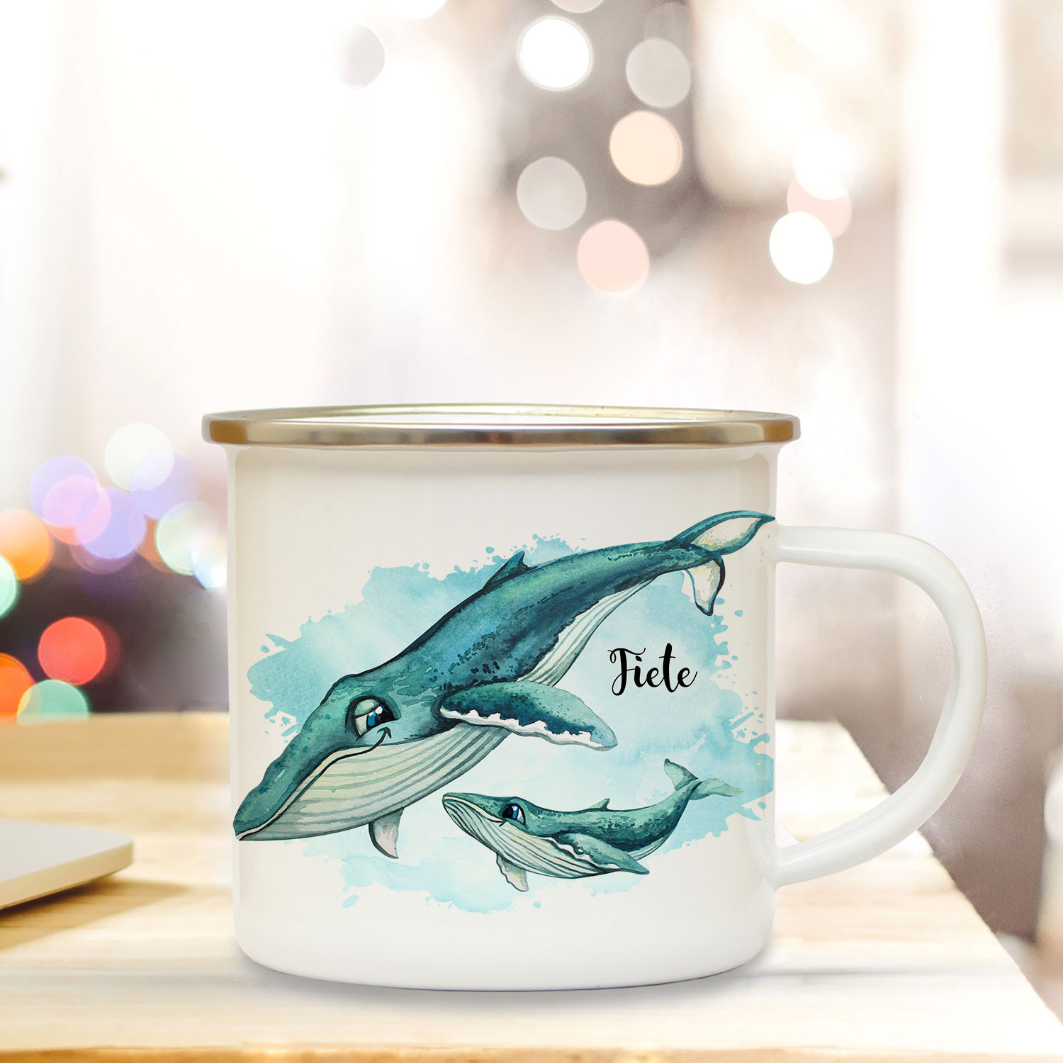 Emaille Becher Camping Tasse Wal mit Kind Junges & Name Wunschname Kaffeetasse Geschenk eb451 ...
