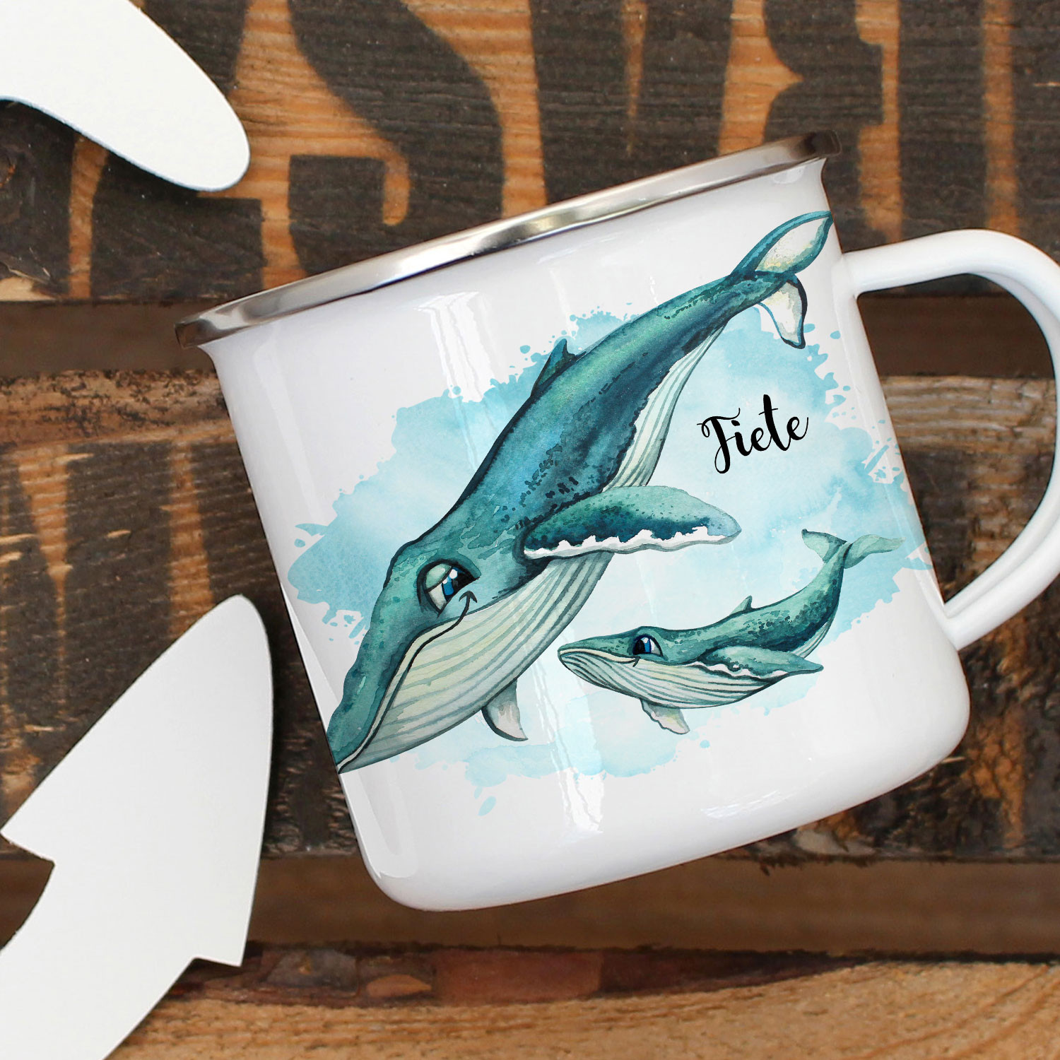 Emaille Becher Camping Tasse Wal mit Kind Junges & Name Wunschname Kaffeetasse Geschenk eb451 ...