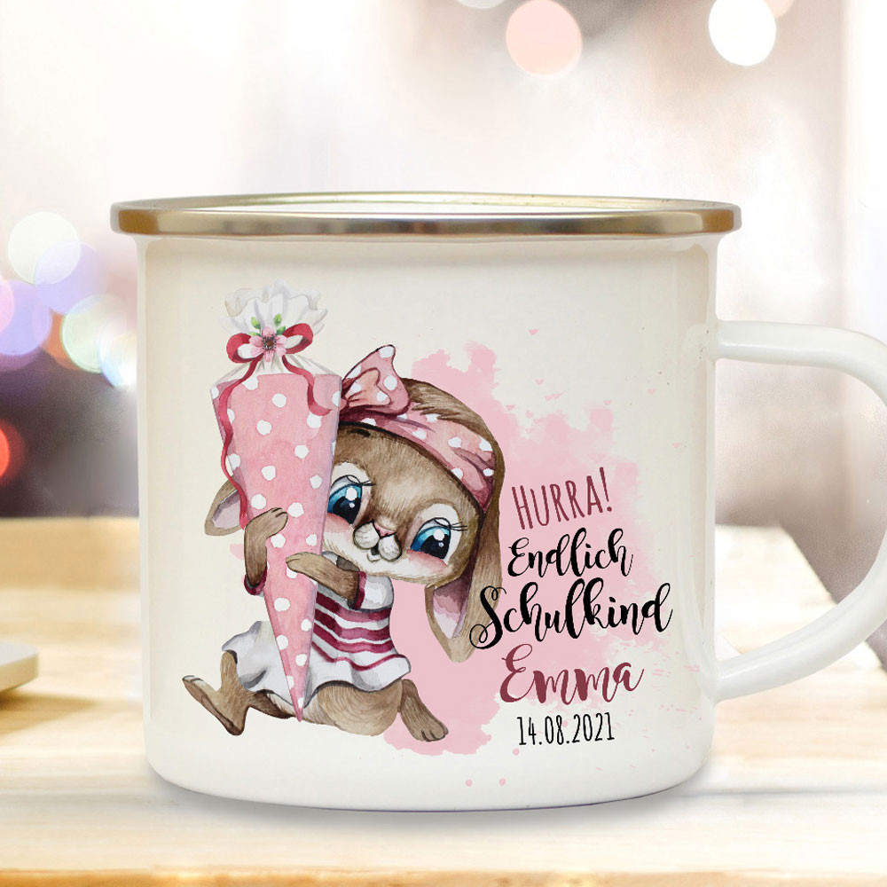 Emaille Becher Einschulung Tasse Hasen Mädchen Schultüte Spruch Hurra endlich Schulkind & Name ...