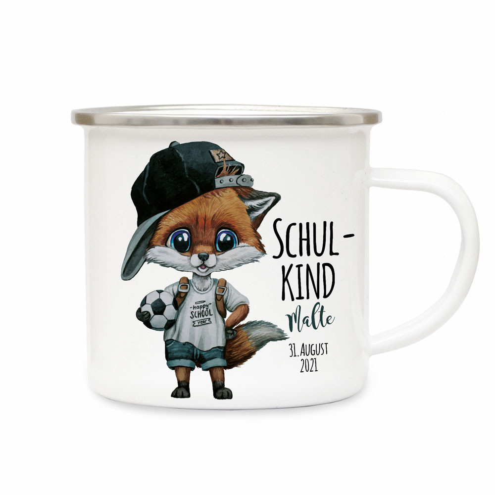 Emaille Becher Einschulung Camping Tasse Fuchs Fußball Junge Schulkind & Name Datum Kaffeetasse ...