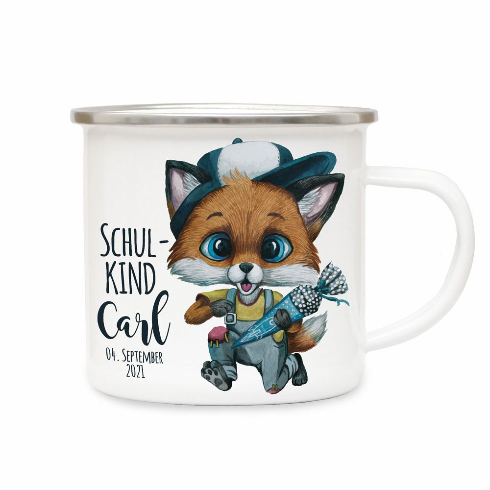 Emaille Becher Einschulung Camping Tasse Fuchs Schultüte Junge Schulkind & Name Datum ...