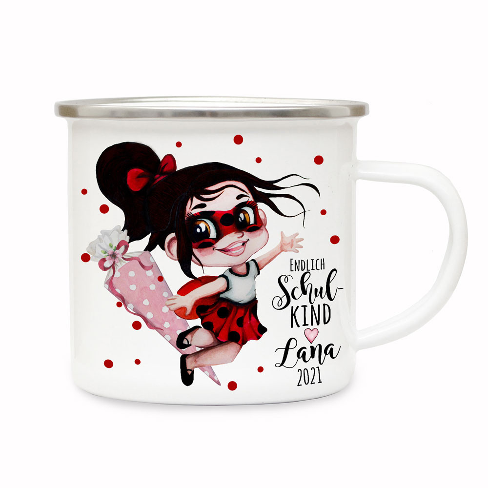 Emaille Becher Einschulung Tasse Marienkäfer Girl Mädchen Schultüte endlich Schulkind & Name ...