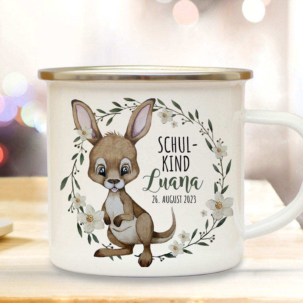 Tasse Emaille Becher zum Schulanfang zur Einschulung Kängeruh Spruch Schulkind Wunschname Datum ...