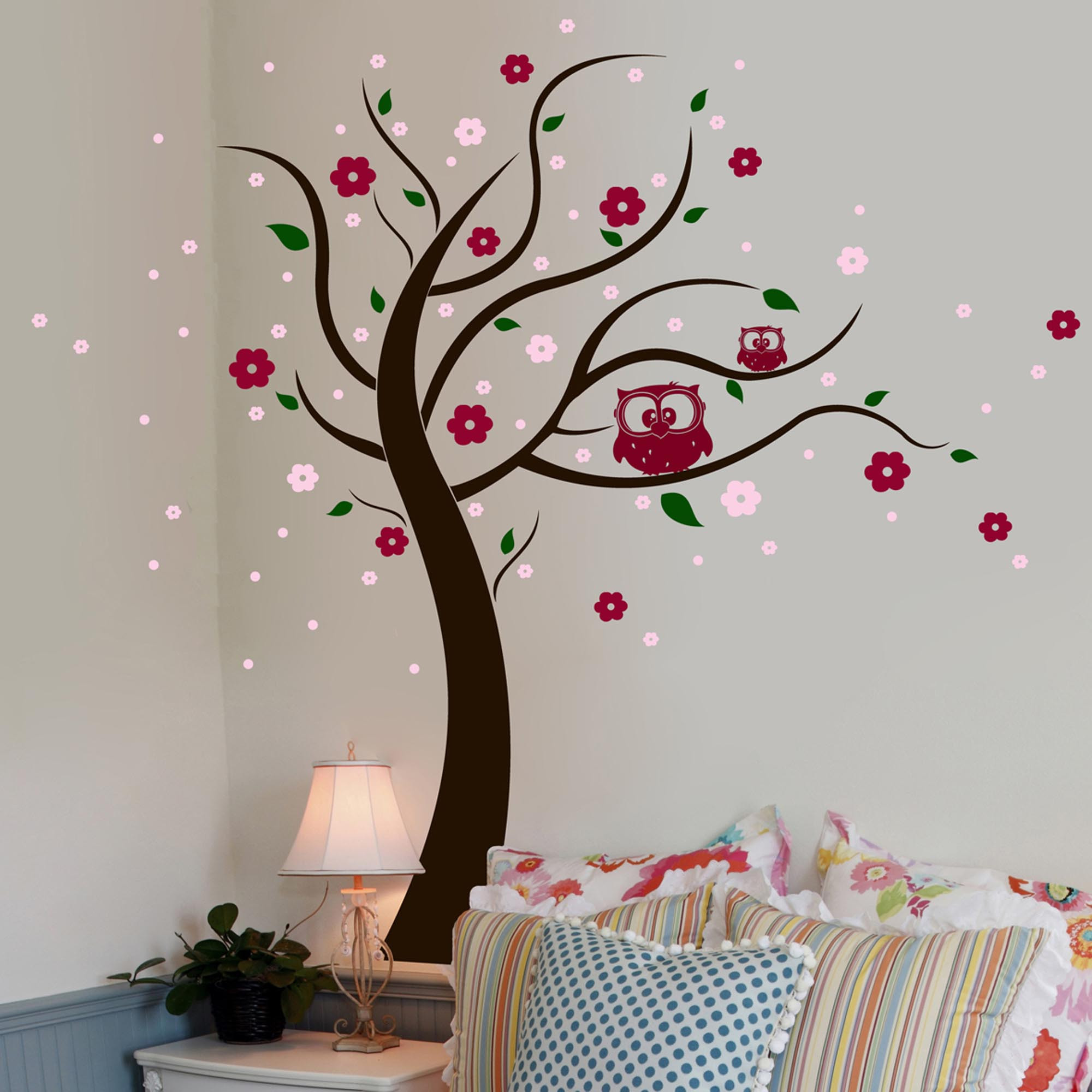 Wandtattoo Eulenbaum Baum mit Eulen Blüten und Punkten vierfarbig M802 ...