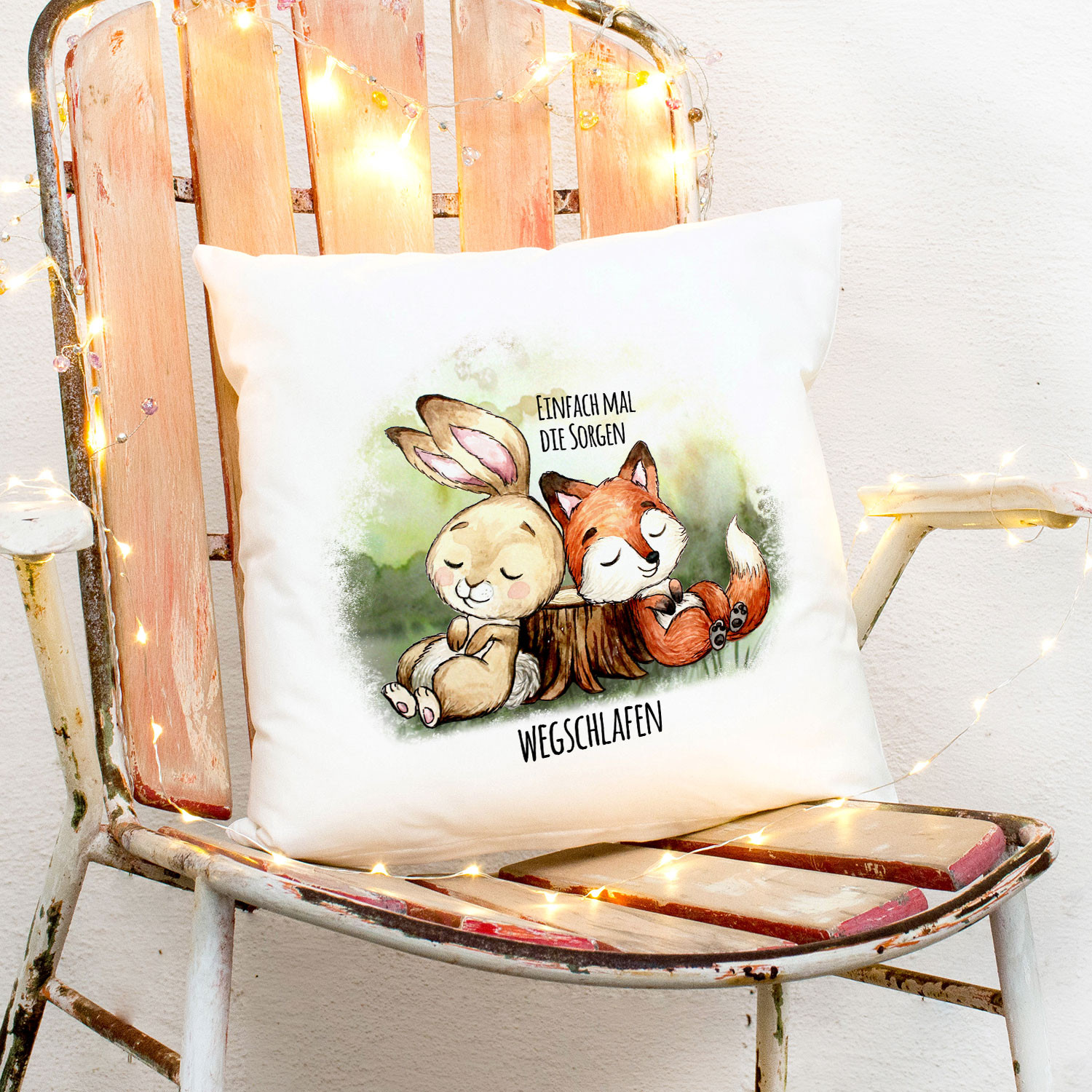 Kissen mit Hase & Fuchs Spruch Einfach Sorgen wegschlafen inklusive ...