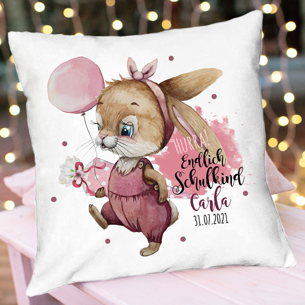 Kissen Einschulung Hasen Mädchen Spruch Hurra endlich Schulkind & Name Datum Spruchkissen inkl ...