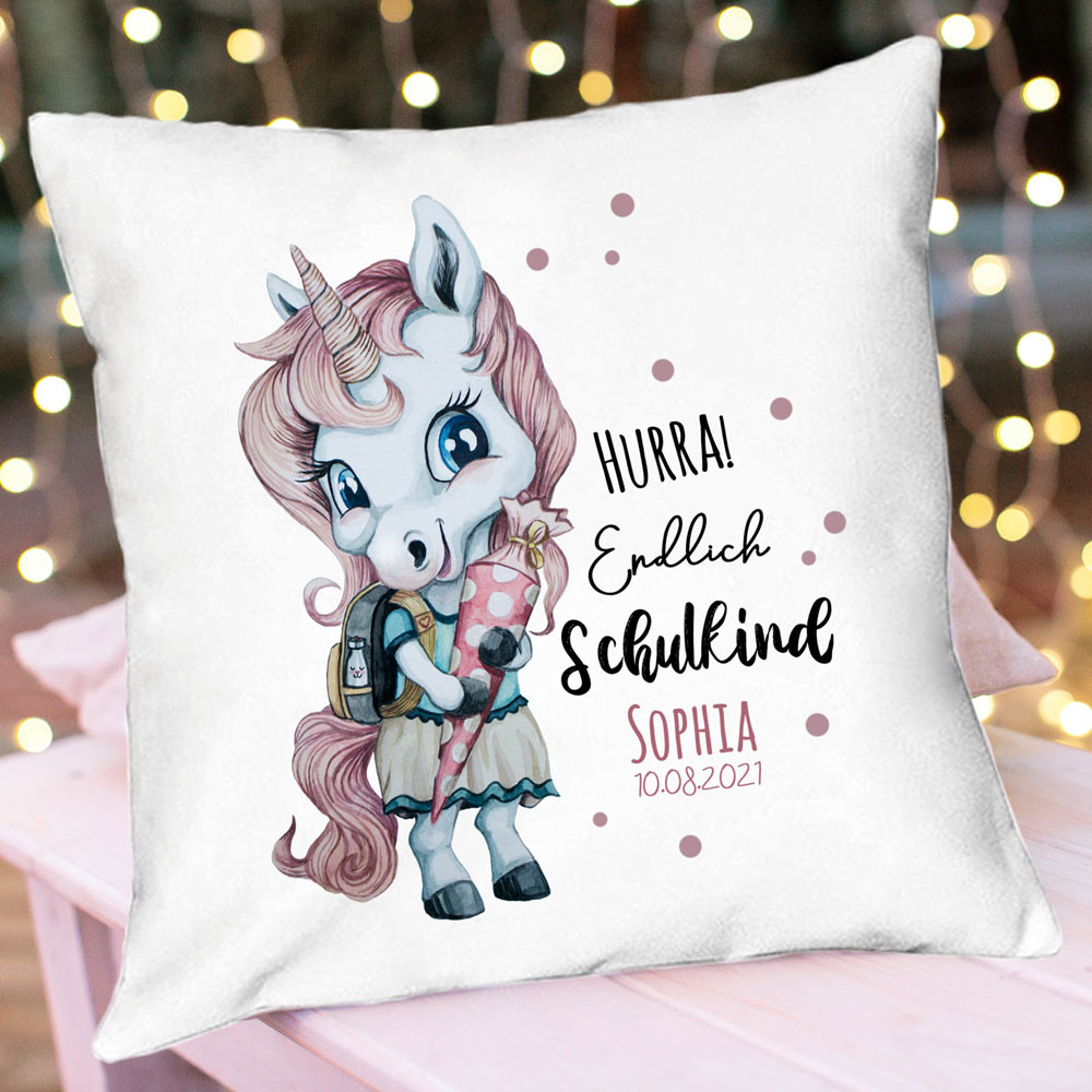 Kissen Einschulung Einhorn Mädchen rosa pink Schultüte Spruch Hurra endlich Schulkind & Name ...