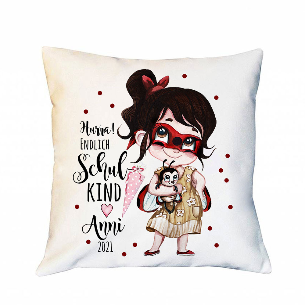 Kissen Einschulung Marienkäfer Girl Mädchen Schultüte Hurra endlich Schulkind & Name Datum ...