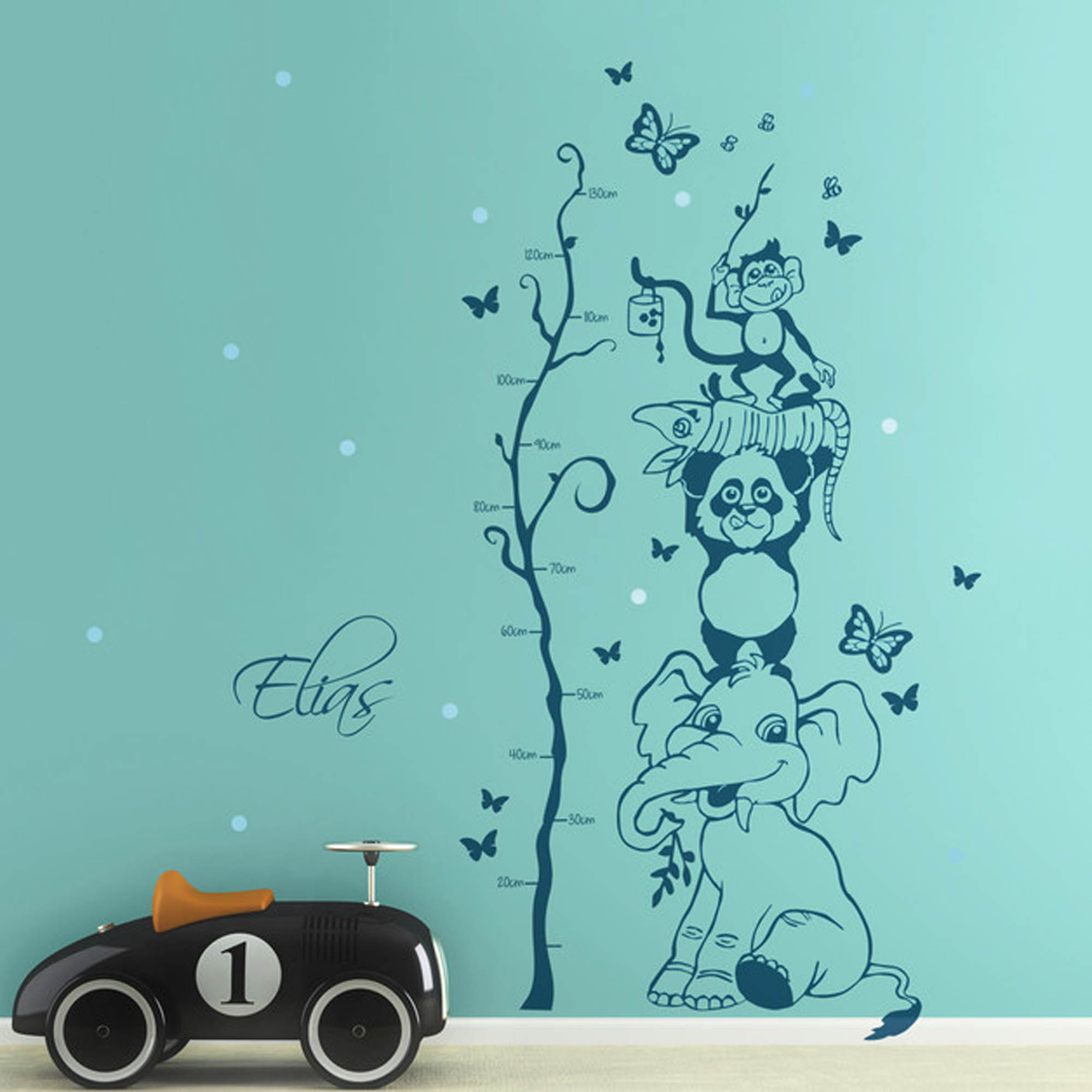 Wandtattoo Dschungel Tiere Messlatte Baum mit Wunschnamen und bunten ...