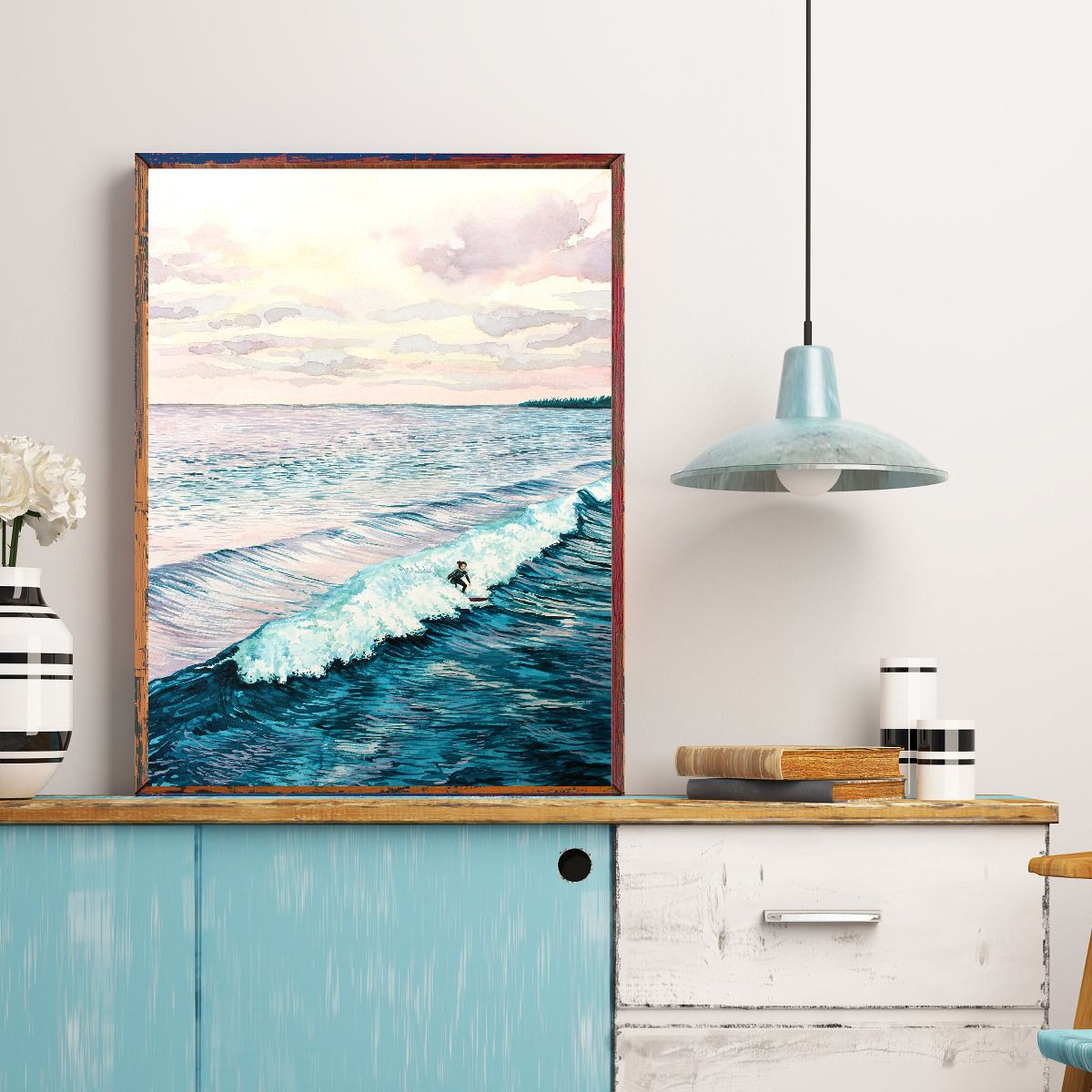 A4 oder A3 Poster Print Wandbild Surfer auf Welle Plakat Meer Aquarell ...