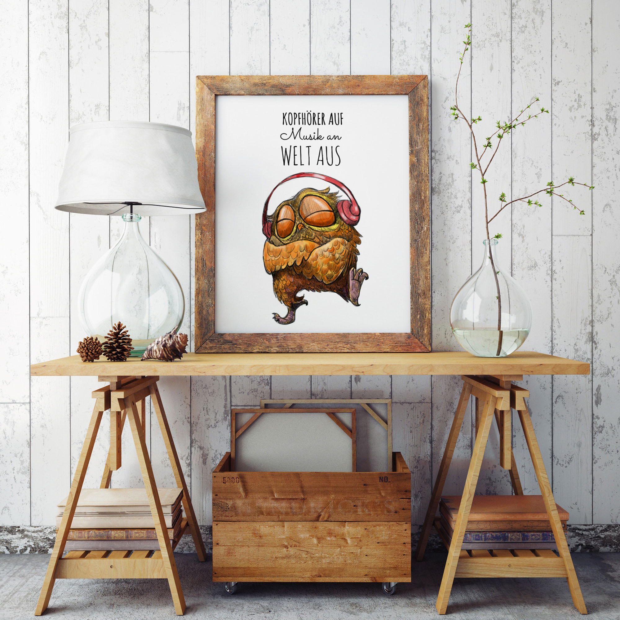 A3 Print Illustration Poster Plakat Eule mit Spruch Kopfhörer auf Musik ...