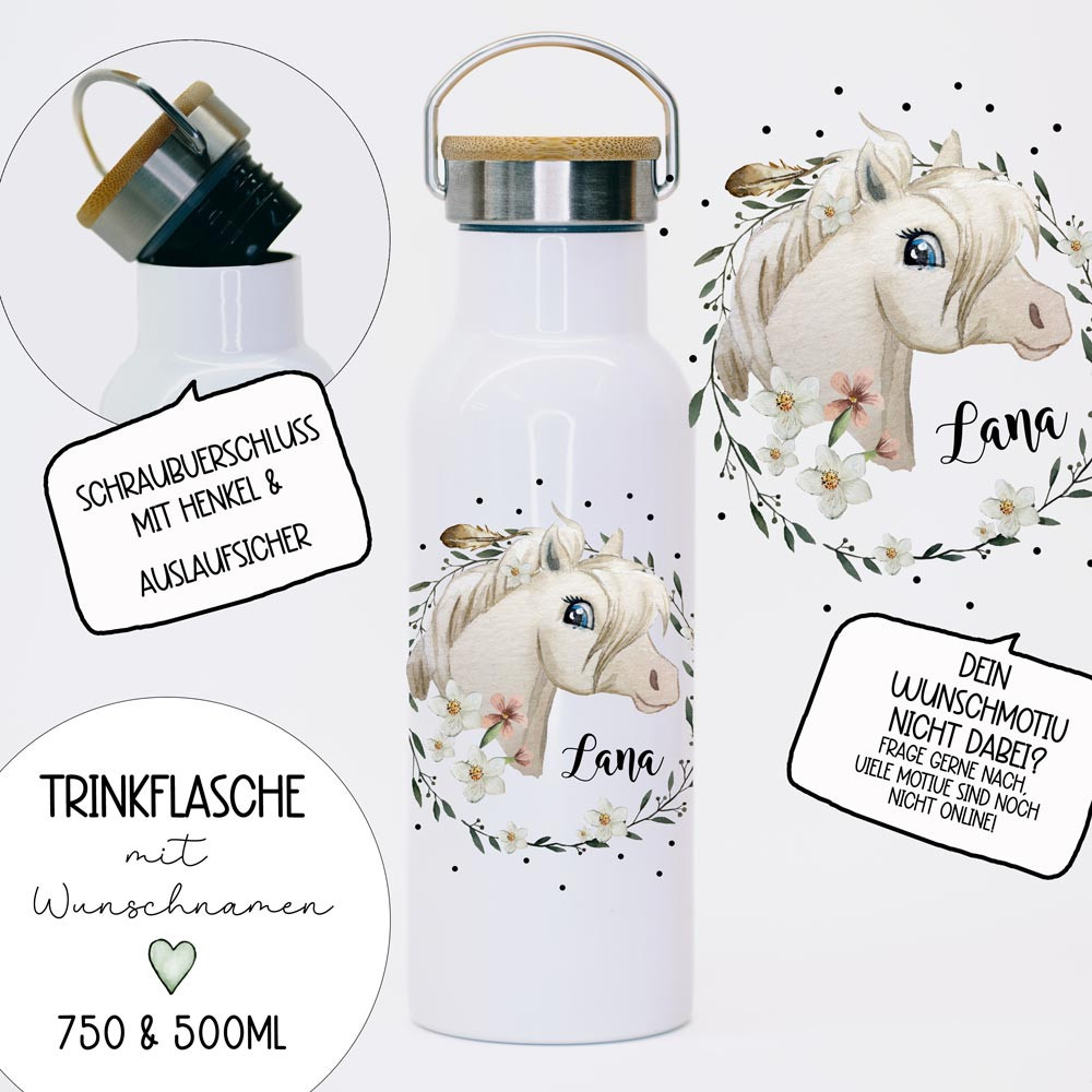 Trinkflasche Isolierflasche Trinkbecher Pferd Pferde Pferdemotiv Wildpferd mit Namen ...