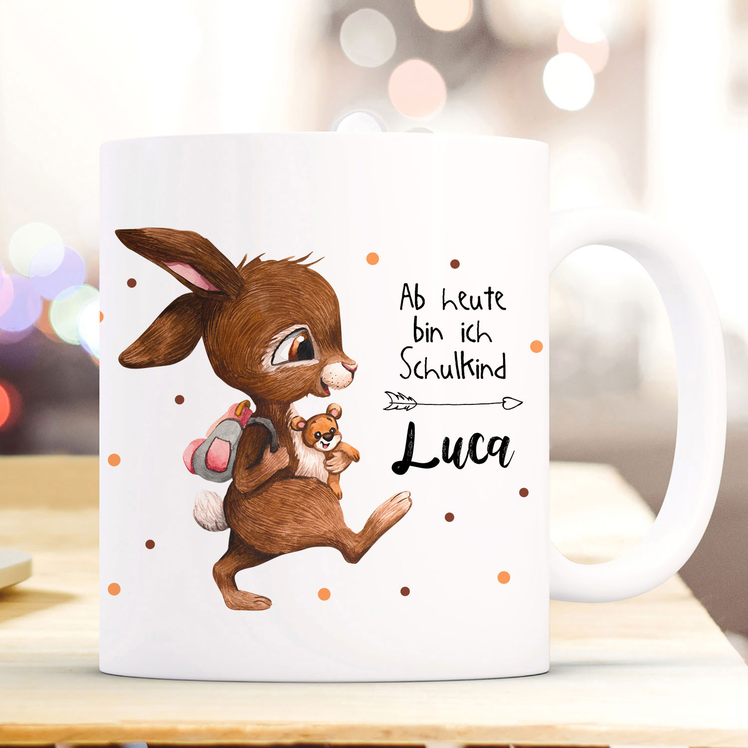 Tasse Becher zur Einschulung Hase mit Rucksack Punkte Spruch heute bin ich Schulkind Wunschnamen ...