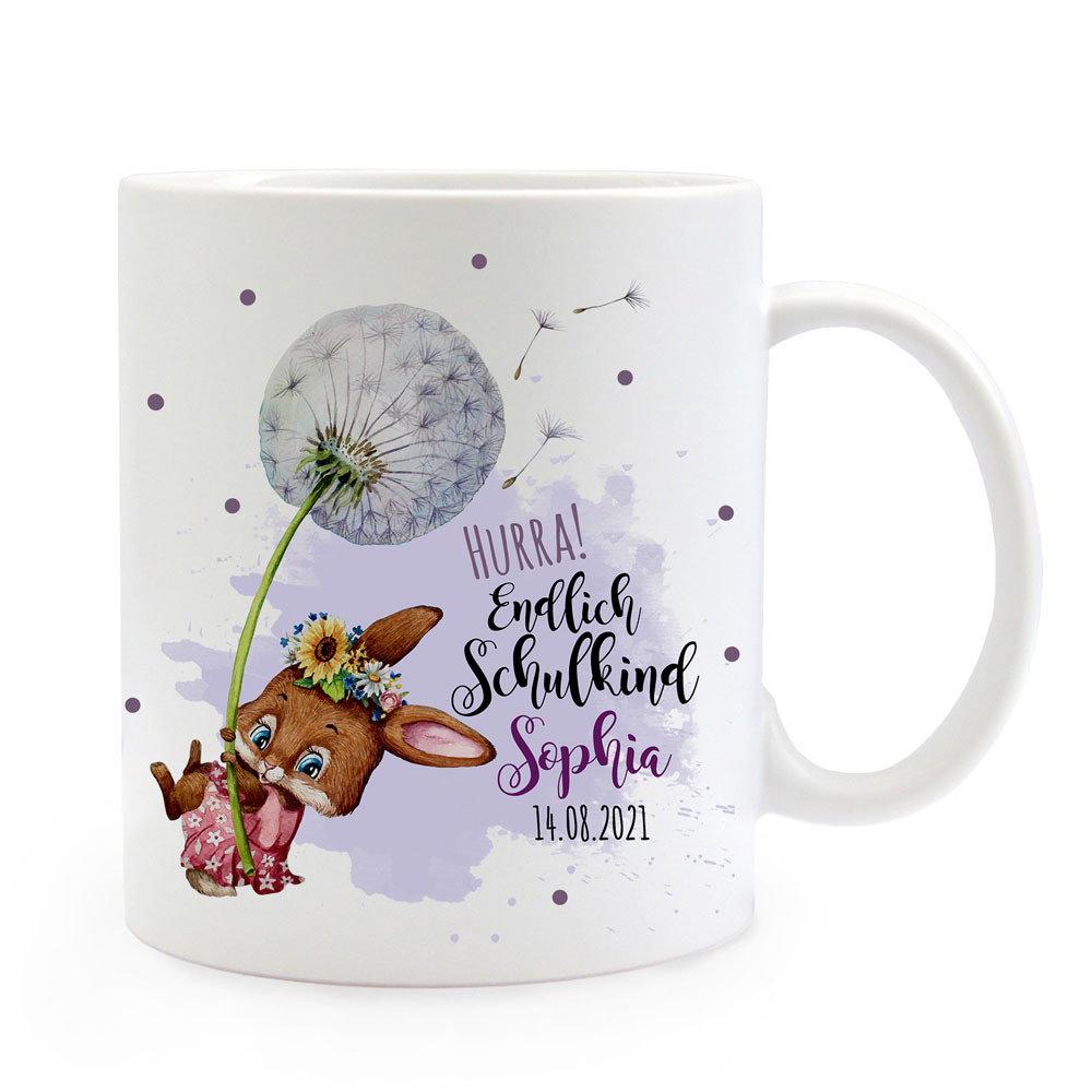 Tasse Becher zum Schulanfang Schulstart Hasen Mädchen Pusteblume Spruch Hurra endlich Schulkind ...