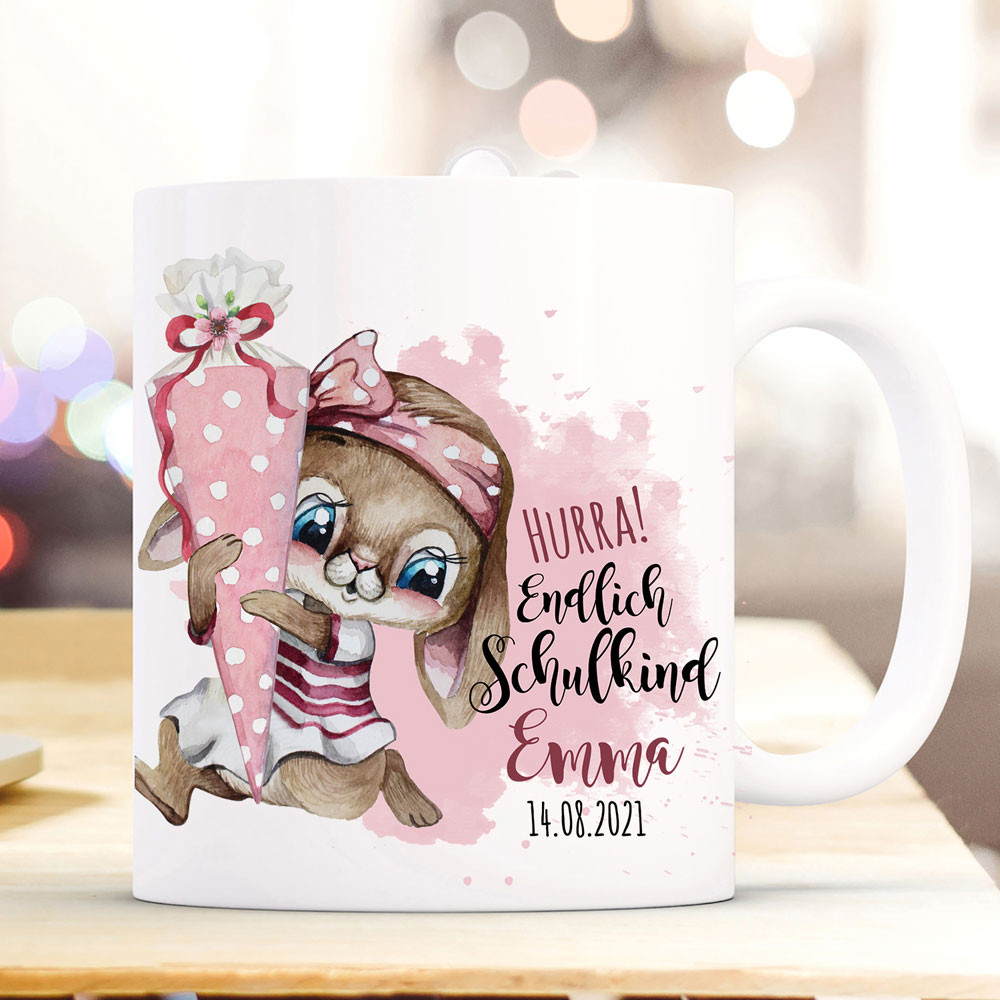 Tasse Becher zum Schulanfang Schulstart Hasen Mädchen Schultüte Spruch Hurra endlich Schulkind ...