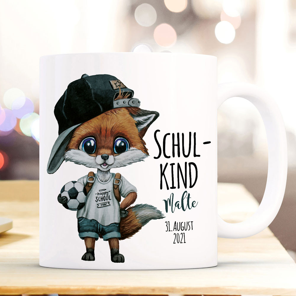 Tasse Becher zum Schulanfang Schulstart Fuchs Fußball Junge Schulkind mit Wunschname + Jahr der ...