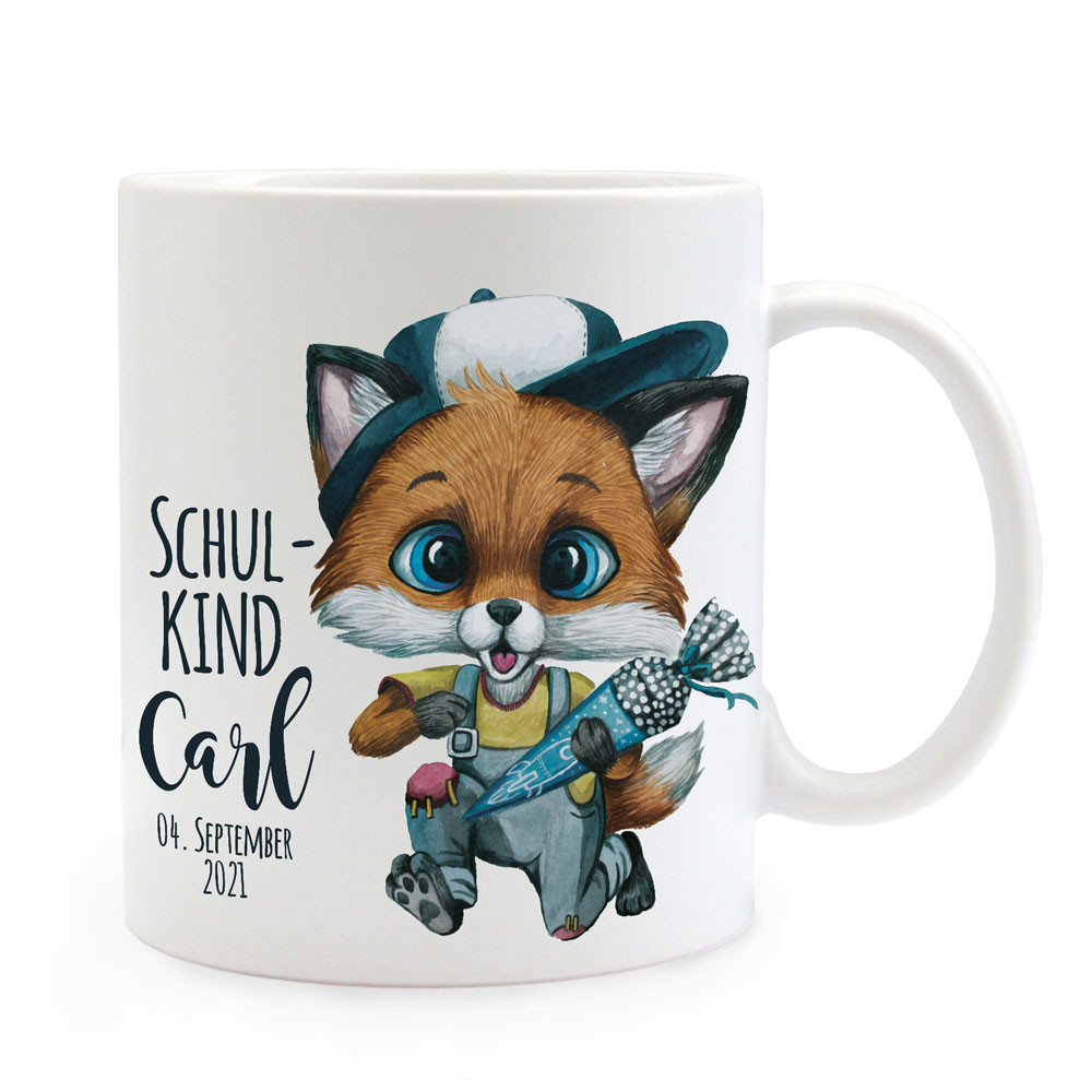 Tasse Becher zum Schulanfang Schulstart Fuchs Schultüte Junge Schulkind mit Wunschname + Jahr ...