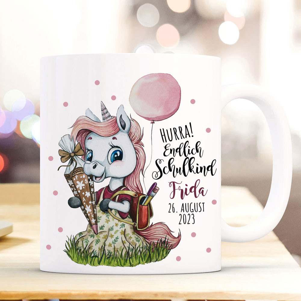 Tasse Emaille Becher zum Schulanfang zur Einschulung Einhorn Schultüte Spruch Hurra endlich ...