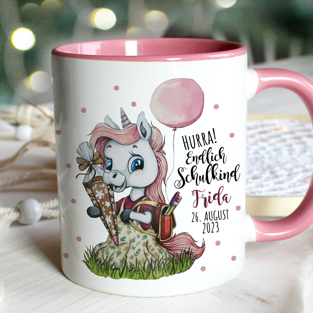 Tasse Emaille Becher zum Schulanfang zur Einschulung Einhorn Schultüte Spruch Hurra endlich ...