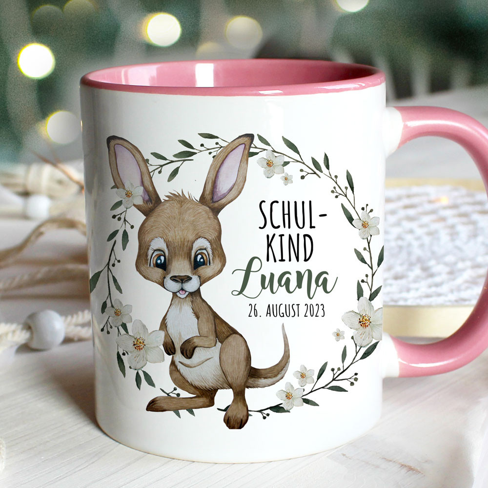 Tasse Emaille Becher zum Schulanfang zur Einschulung Kängeruh Spruch Schulkind Wunschname Datum ...