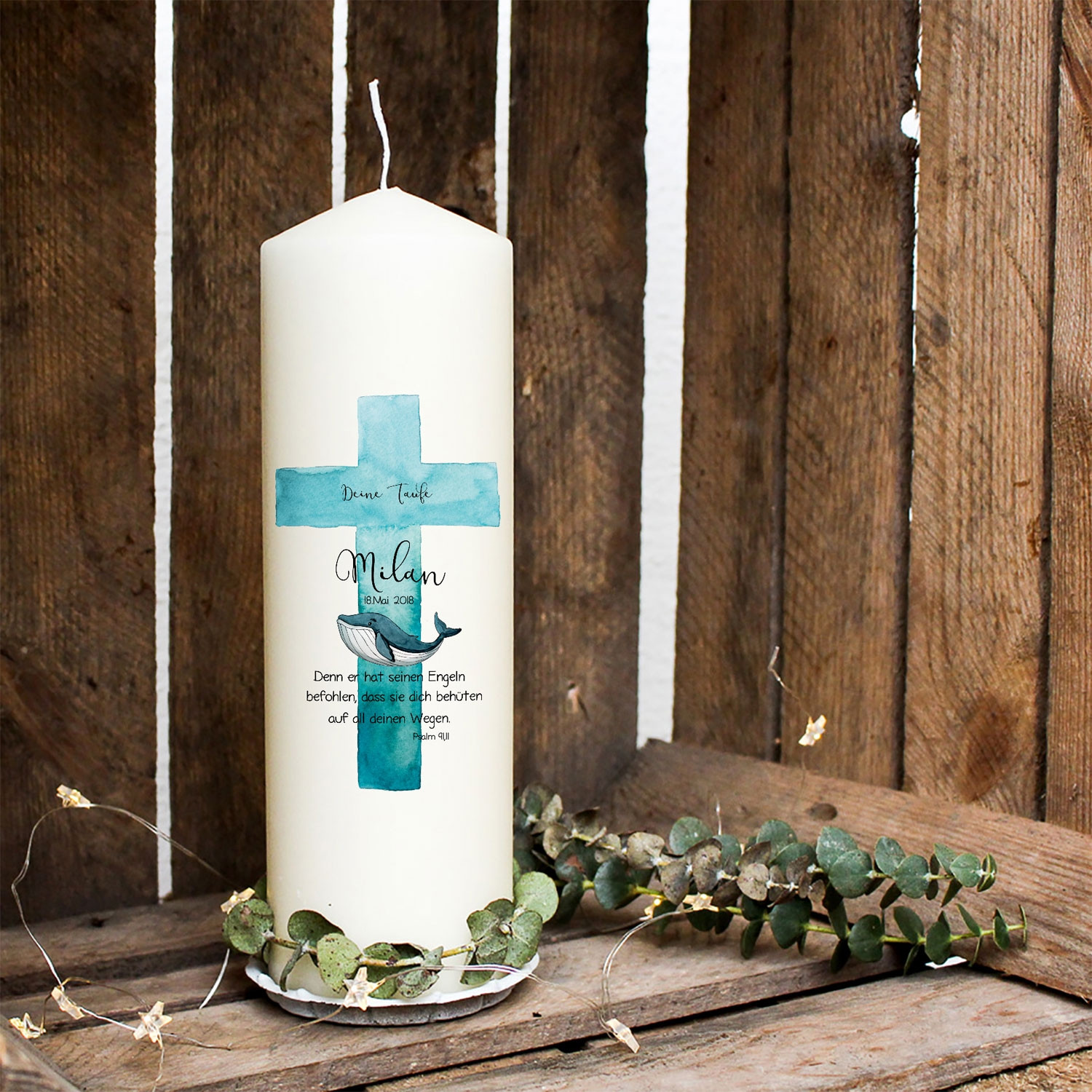 Taufkerze Kerze zur Taufe oder Geburt Kommunionkerze Kreuz blau mit Wal ...