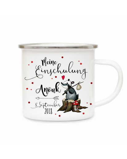 Emaille Becher Camping Tasse Waschbär & Spruch meine Einschulung Kaffeetasse Geschenk mit Name ...