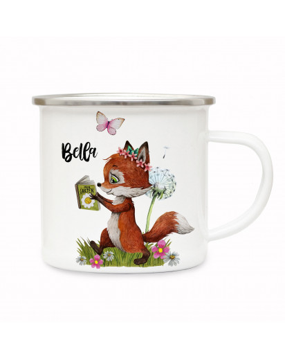 Emaille Becher Camping Tasse Motiv Fuchs Füchschen mit Buch & Wunschname Name Kaffeetasse ...
