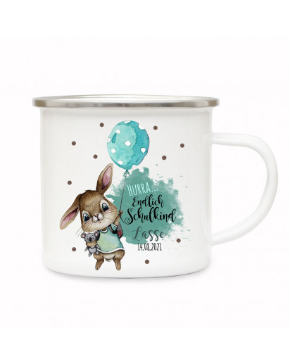 Emaille Becher Einschulung Camping Tasse Hasen Junge Ballon Spruch Hurra endlich Schulkind ...