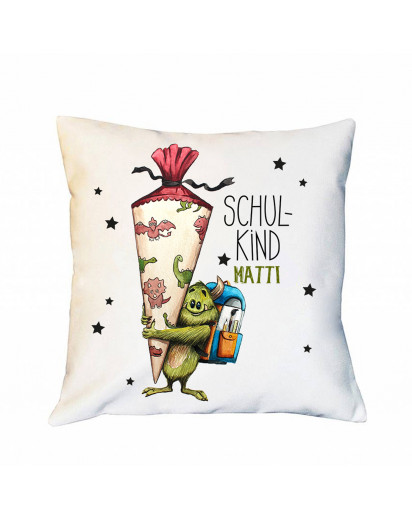 Kissen Einschulung mit Monster & Schultüte Dekokissen Zierkissen bedruckt mit Spruch Schulkind ...