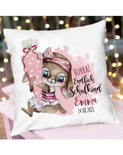 Kissen Einschulung Hasen Mädchen Schultüte Spruch Hurra endlich Schulkind & Name Datum ...