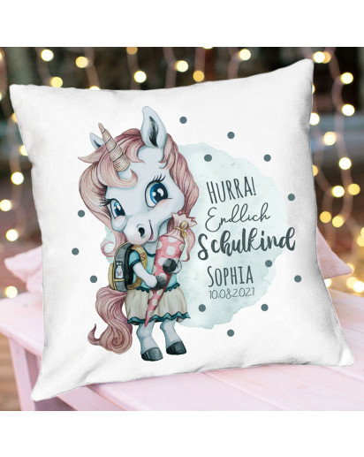 Kissen Einschulung Einhorn Mädchen blau Schultüte Spruch Hurra endlich Schulkind & Name Datum ...