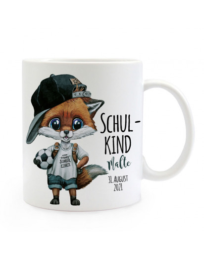 Tasse Becher zum Schulanfang Schulstart Fuchs Fußball Junge Schulkind mit Wunschname + Jahr der ...
